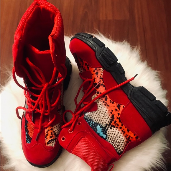 Shoes | Beautiful Red And Snake Print Hiking Boots | Poshmark